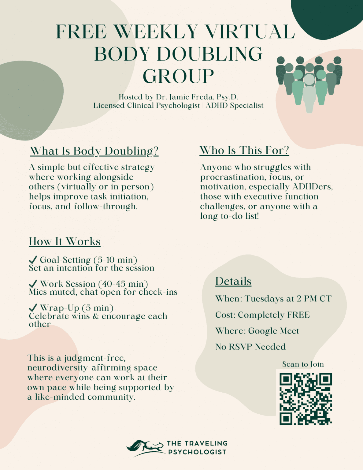Free Weekly Virtual Body Doubling Group - The Traveling Psychologist